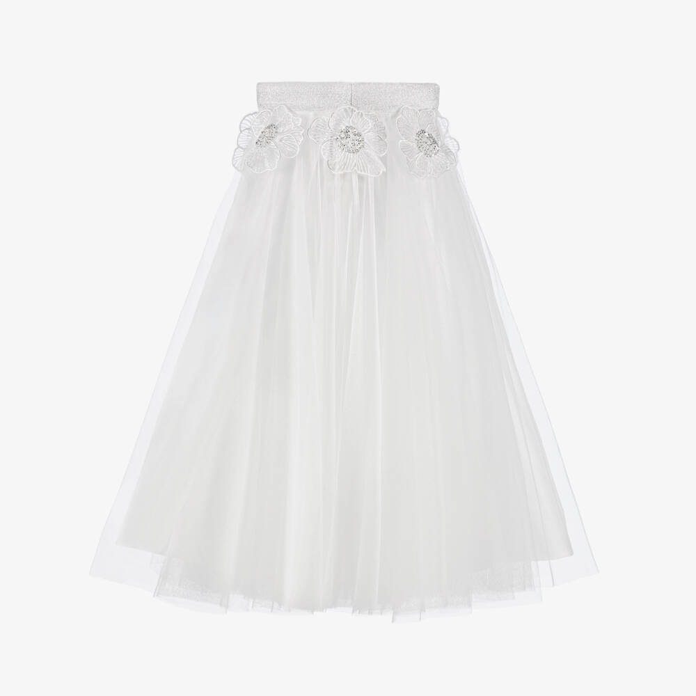 Junona - Girls White Tulle Floral Skirt | Childrensalon