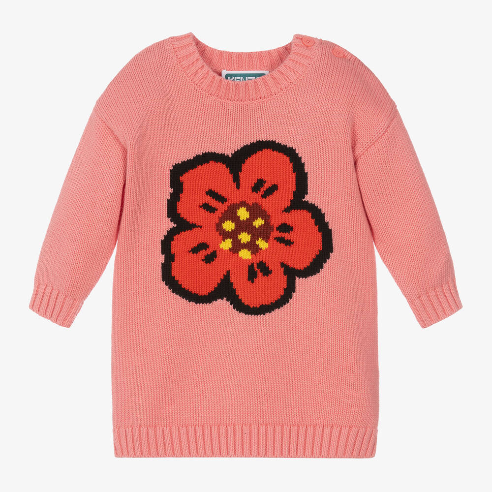 KENZO KIDS - Girls Pink Cotton Knit Boke Flower Dress | Childrensalon