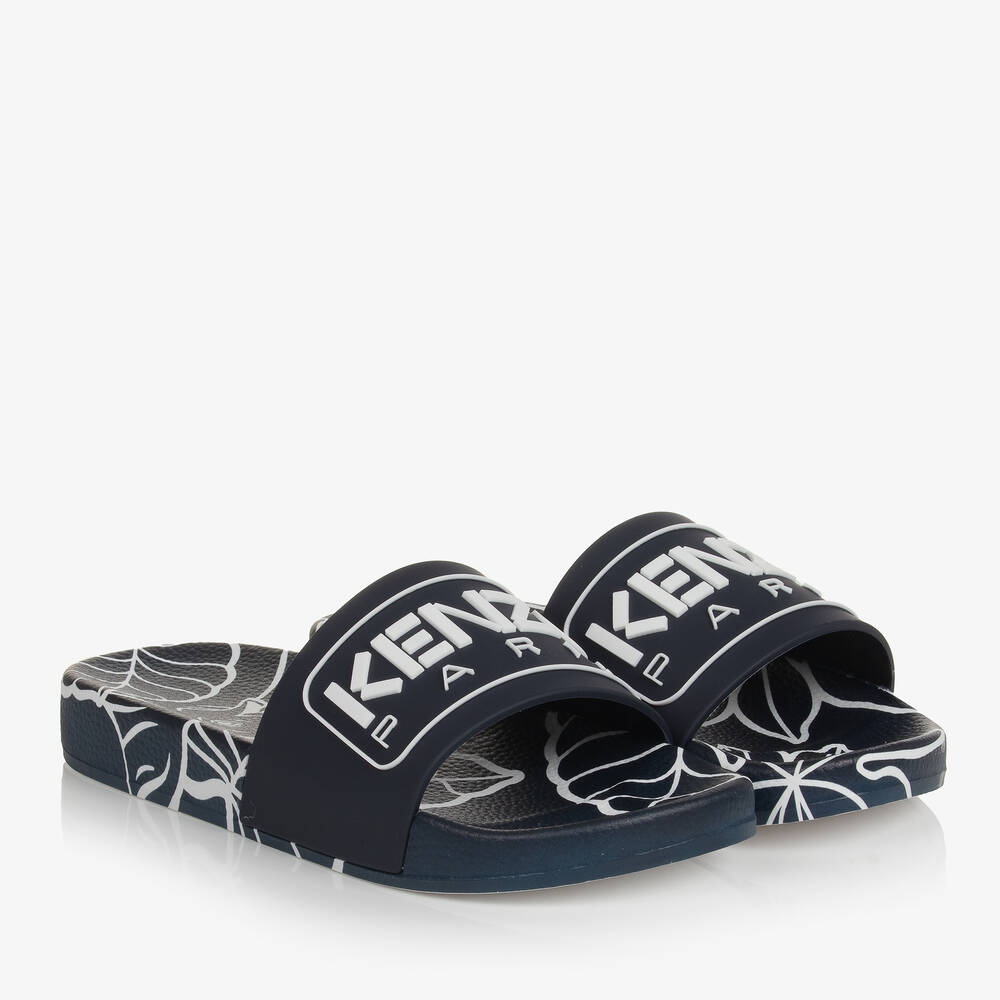 KENZO KIDS - Teen Navy Blue Tiger & Elephant Sliders | Childrensalon