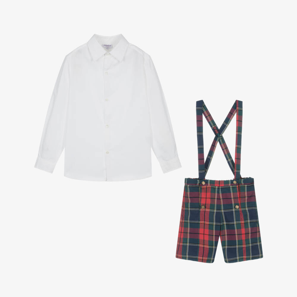 Kidiwi - Boys Red Tartan Check Cotton Shorts Set | Childrensalon