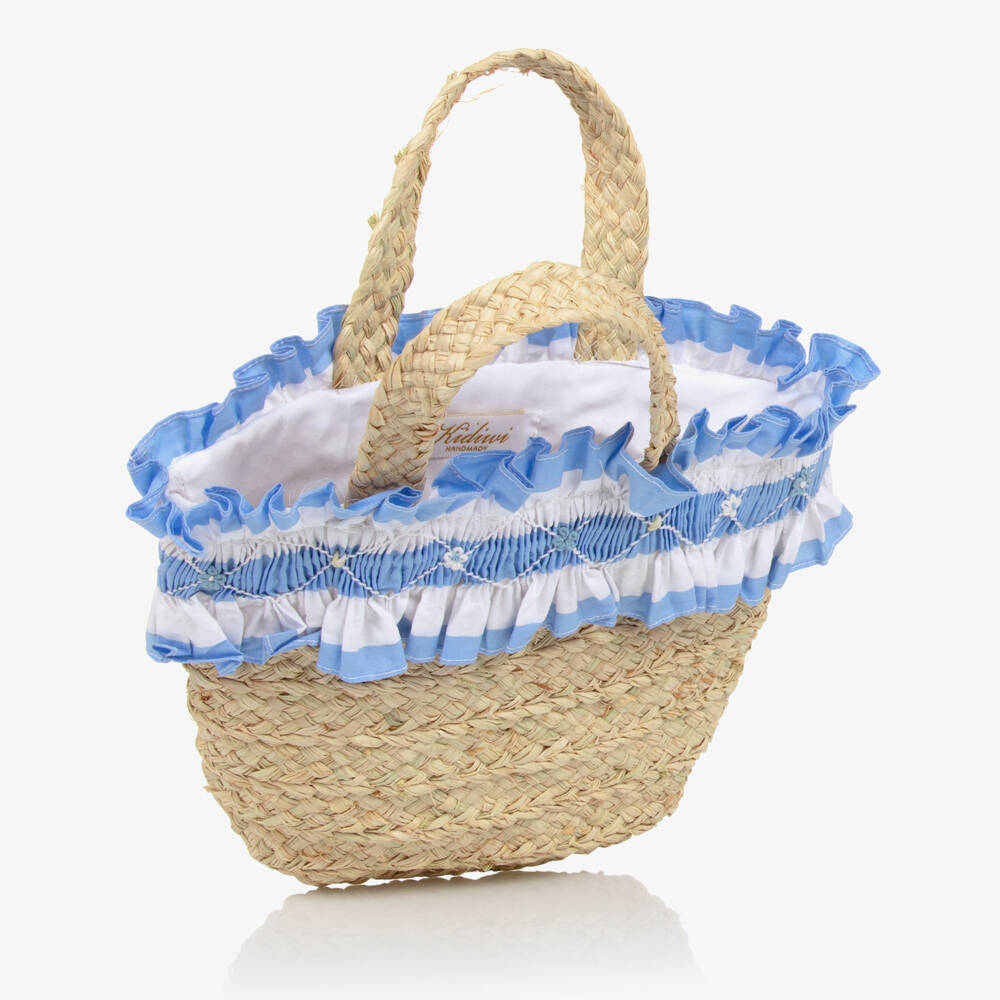 Kidiwi - Girls Beige & Blue Stripe Raffia Bag (22cm) | Childrensalon