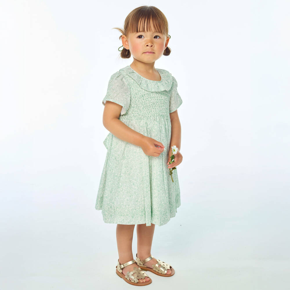 Kidiwi - Girls Green Hand-Smocked Cotton Dress | Childrensalon
