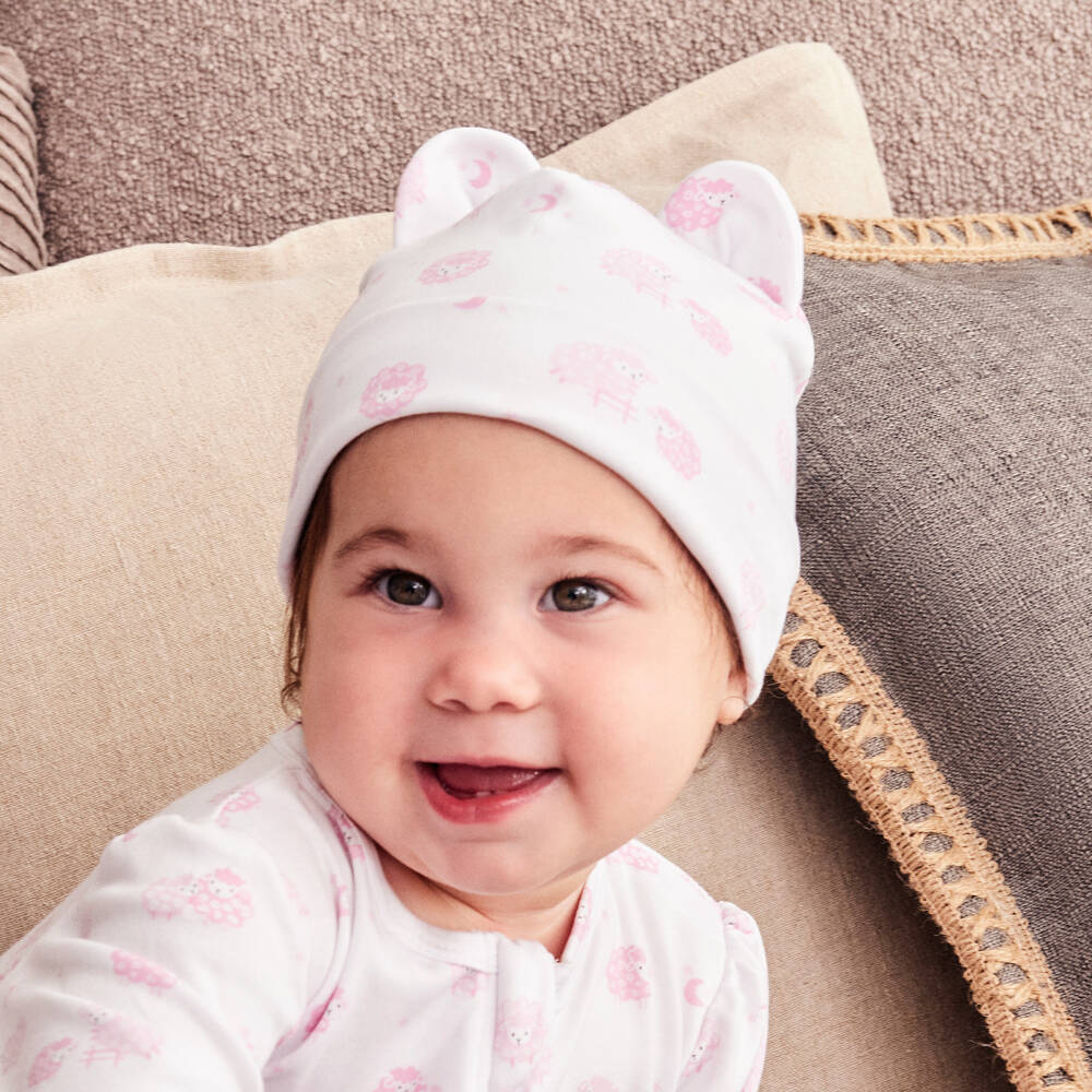 Kissy Kissy - Pink & White Cotton Baby Sheep Hat | Childrensalon