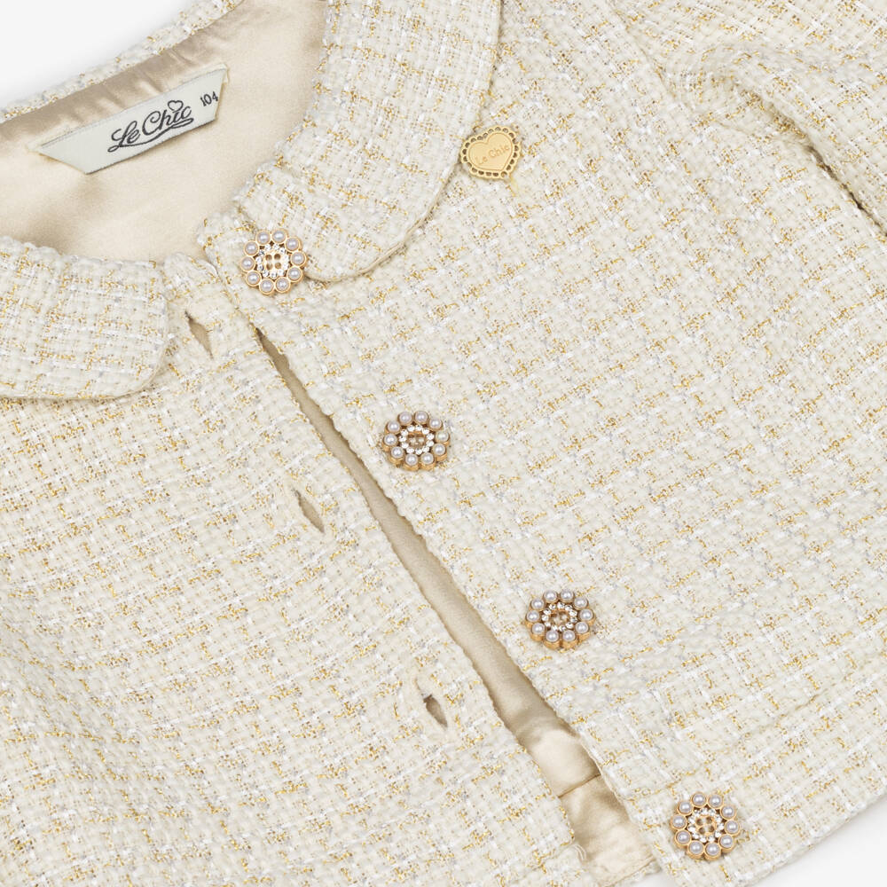 Le Chic - Girls Ivory & Gold Tweed Jacket | Childrensalon