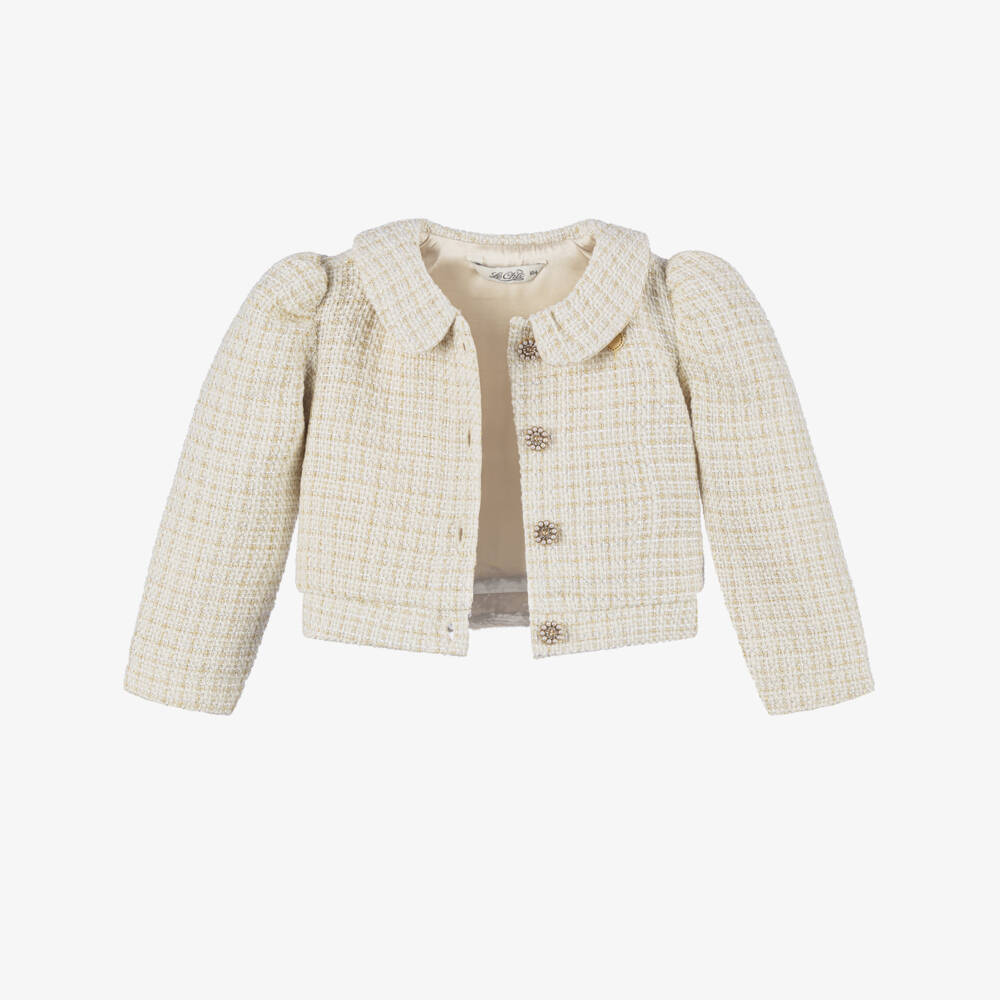 Le Chic - Girls Ivory & Gold Tweed Jacket | Childrensalon
