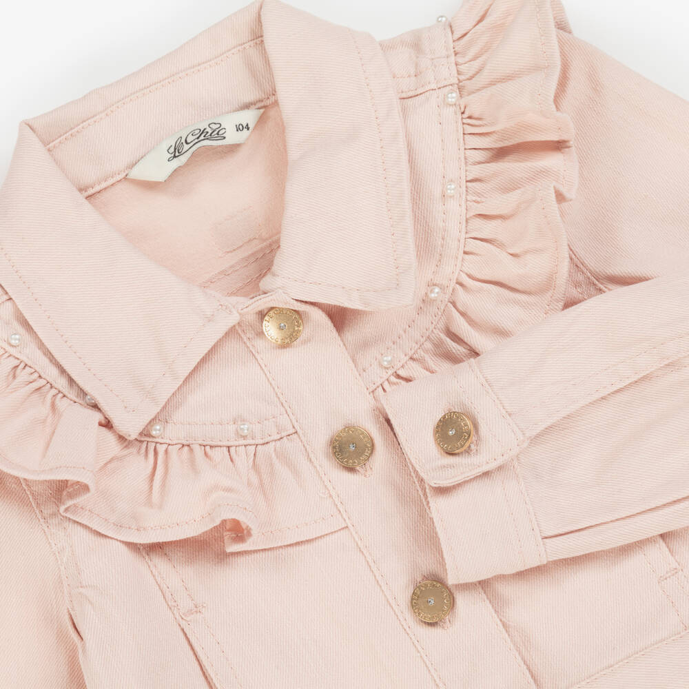 Le Chic - Girls Pink Ruffle Denim Jacket | Childrensalon