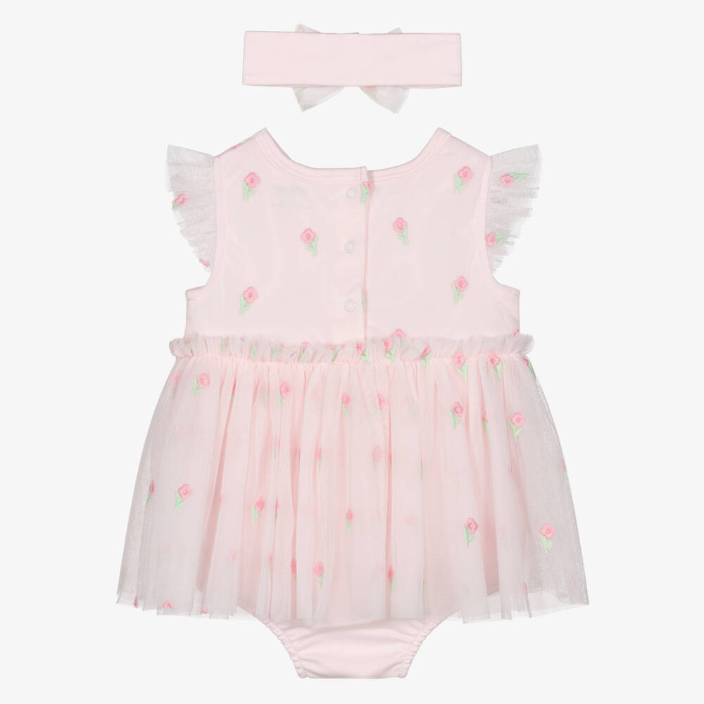 Little Me - Baby Girls Pink Floral Embroidered Tulle Dress Set ...
