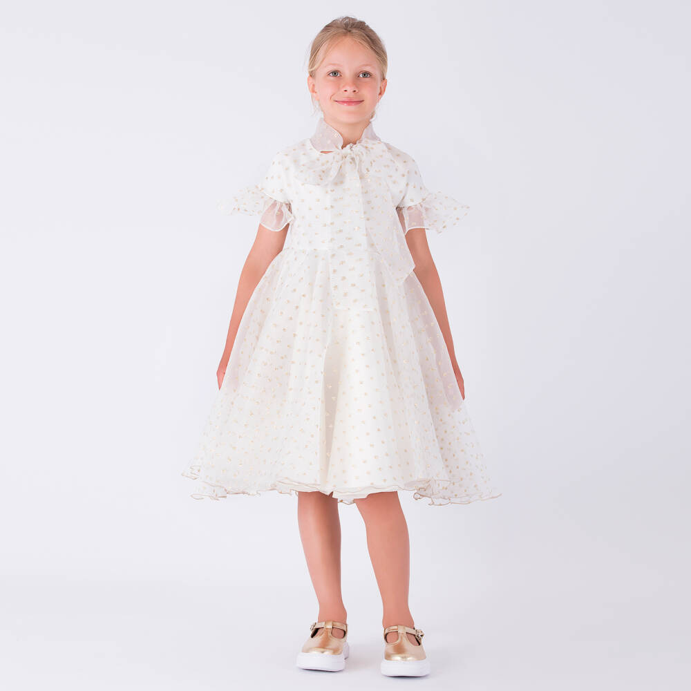 Mama Luma - Girls Ivory & Gold Organza Dress | Childrensalon