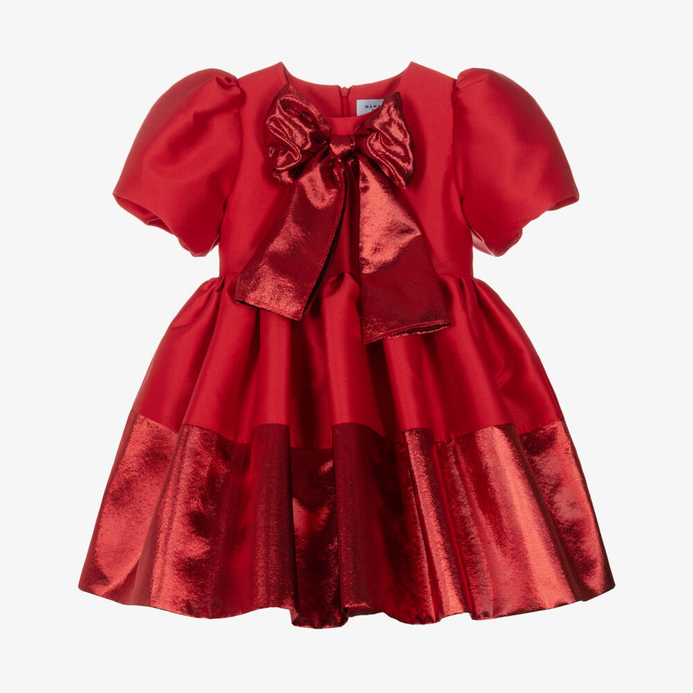 Mama Luma - Girls Red Twill Dress with Metallic Bow | Childrensalon