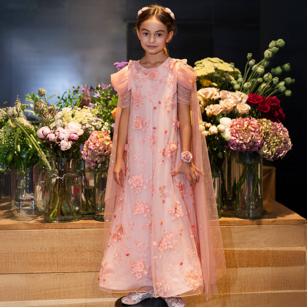 Marchesa Kids Couture - Girls Pink Floral Lace Tulle Maxi Dress ...