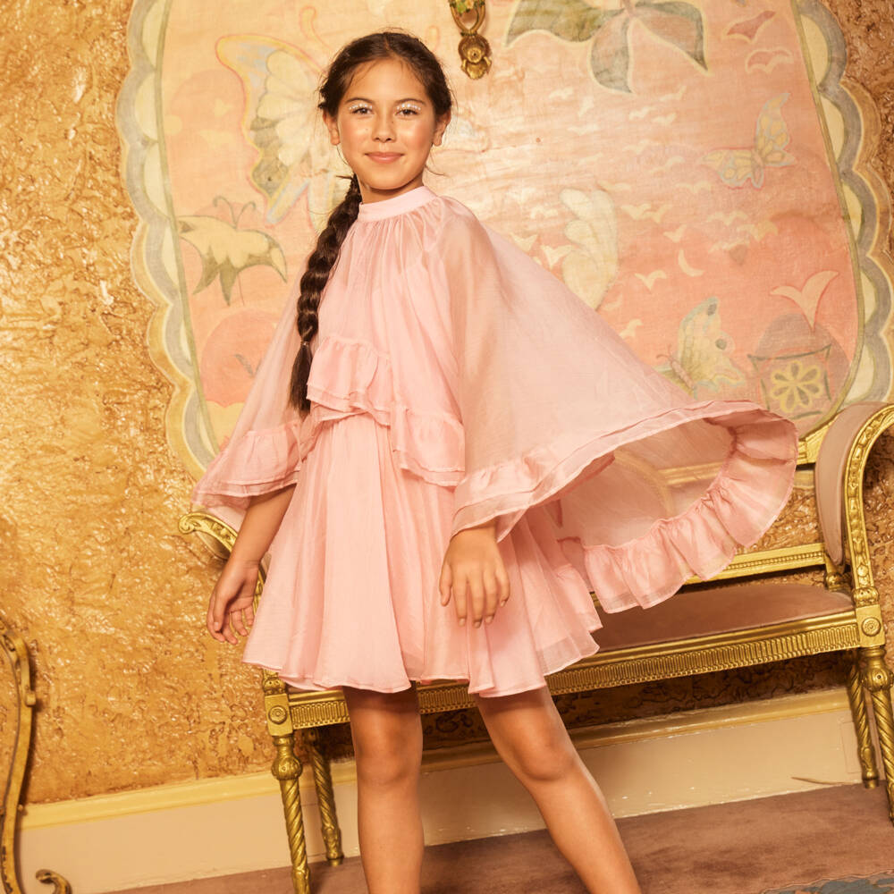 Marlo Kids - Girls Pink Crêpe Chiffon Cape Dress Set | Childrensalon