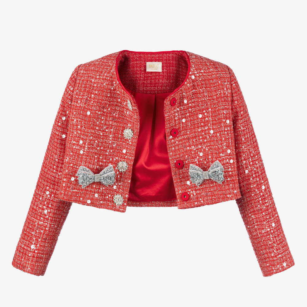 Marlo Kids - Girls Red Sequinned Tweed Jacket | Childrensalon