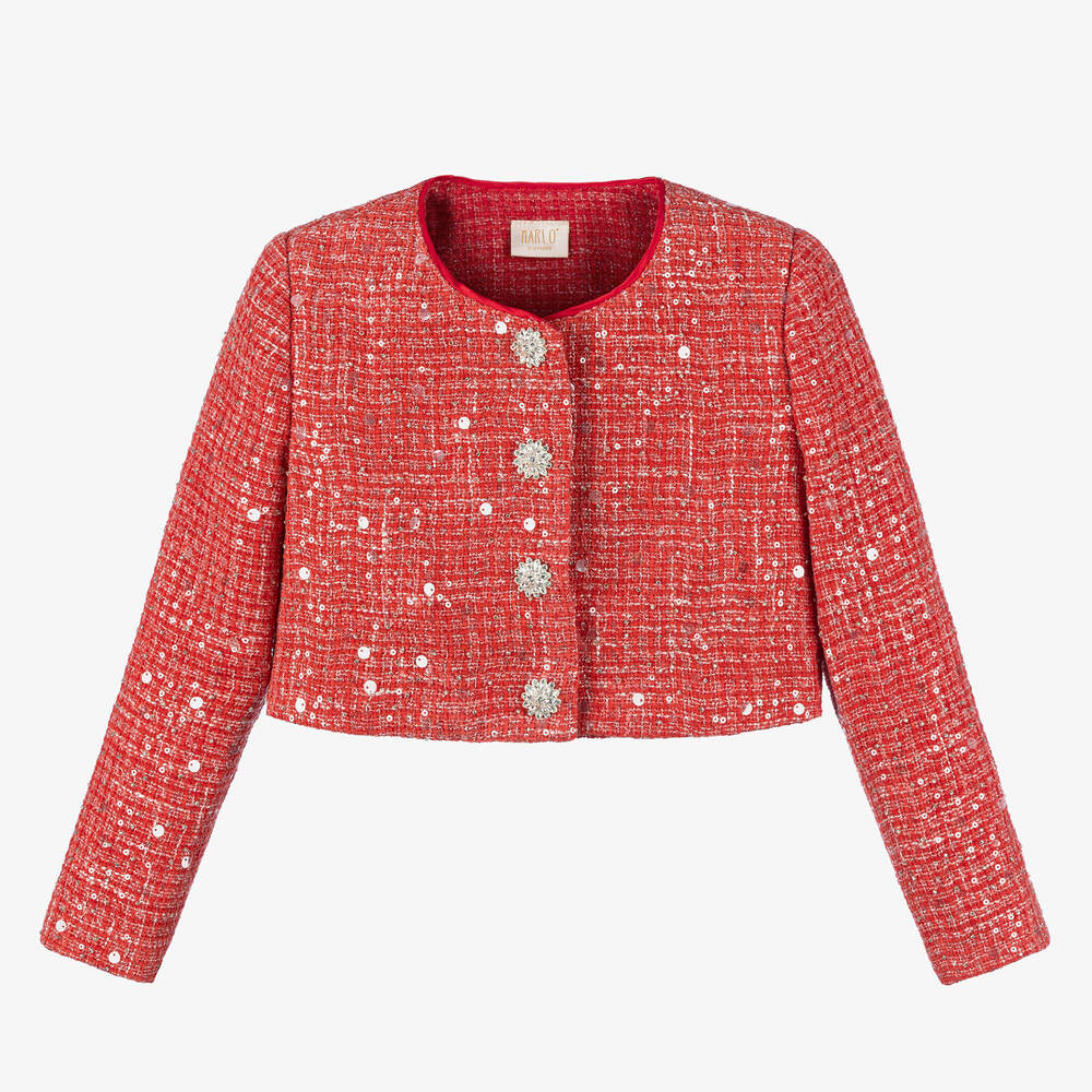 Marlo Kids - Girls Red Sequinned Tweed Jacket | Childrensalon