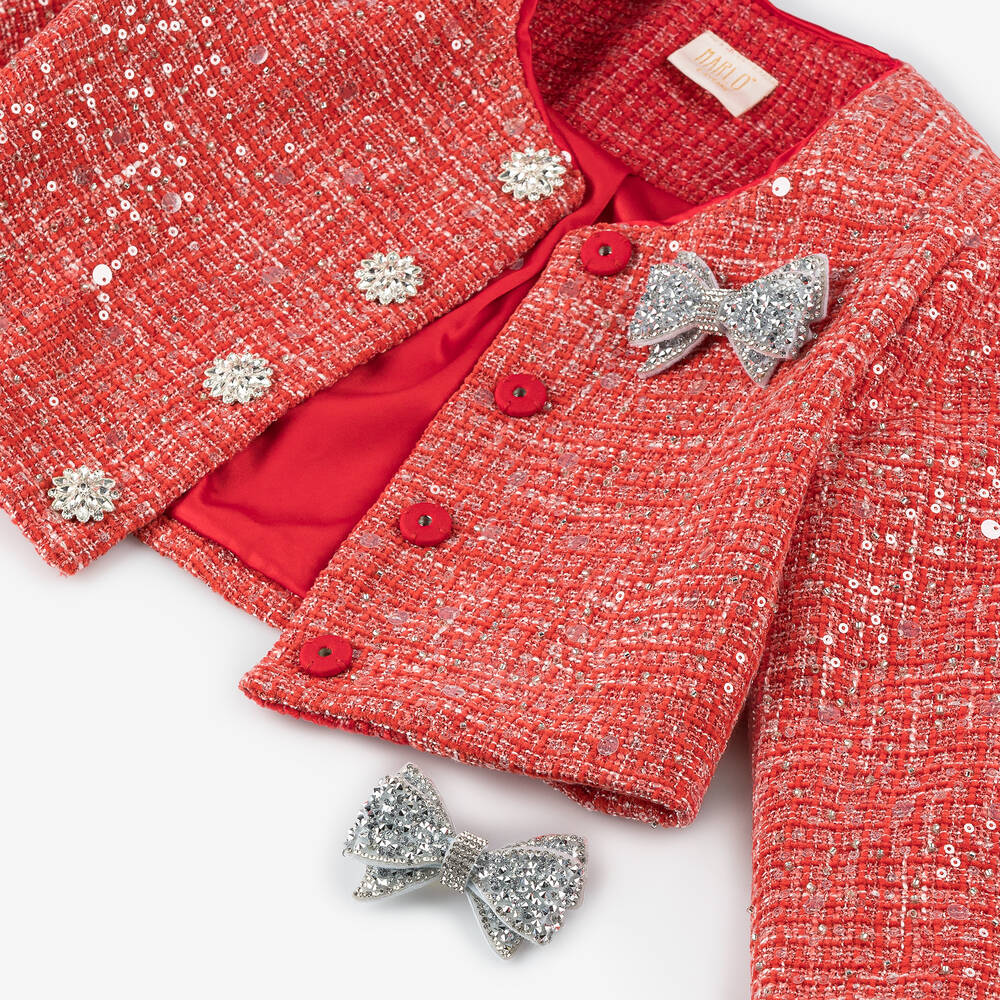 Marlo Kids - Girls Red Sequinned Tweed Jacket | Childrensalon