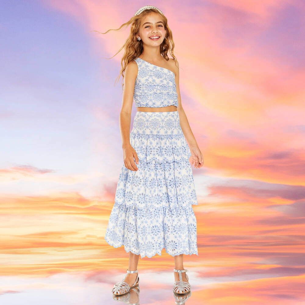 Marlo Kids - Girls White & Blue Cotton Floral Top | Childrensalon