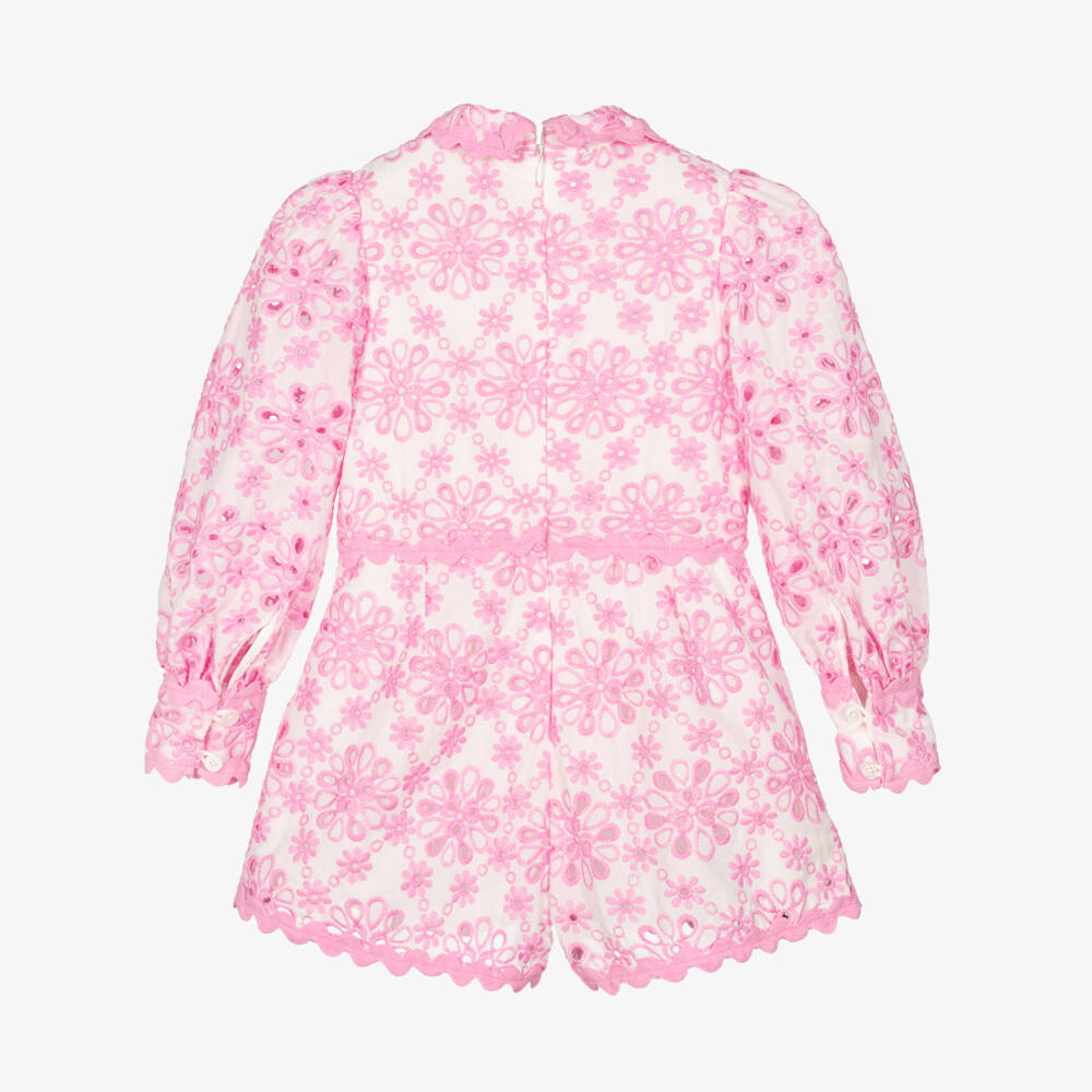 Marlo Kids - Girls White & Pink Cotton Playsuit | Childrensalon