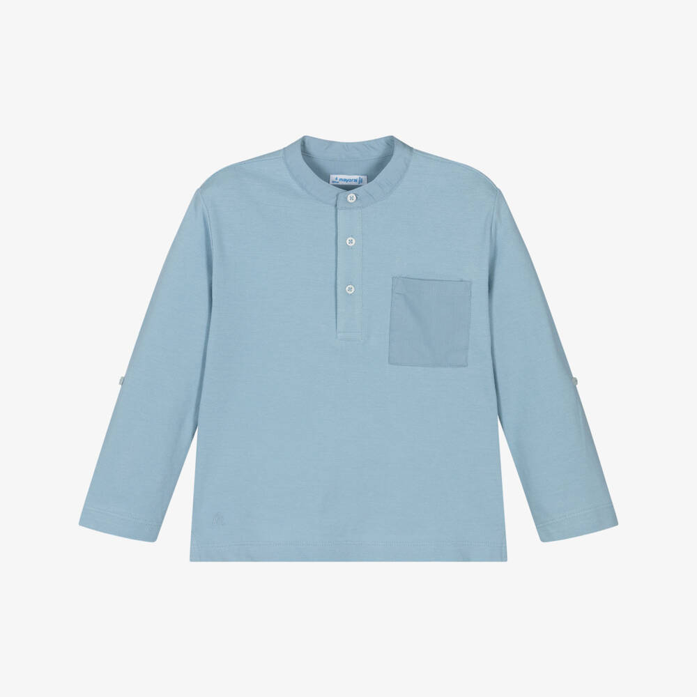Mayoral - Boys Blue Cotton Piqué Pop-Over Top | Childrensalon