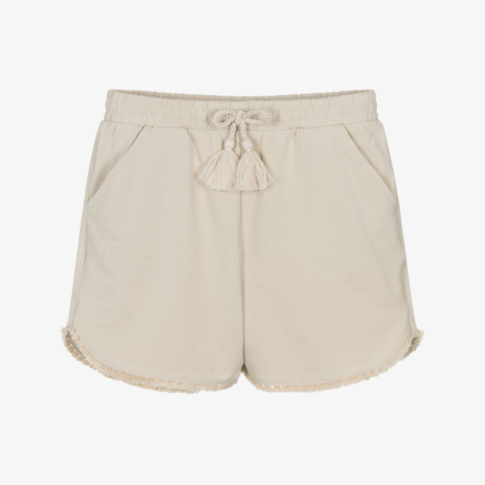 Mayoral - Girls Beige Cotton Jersey Fringed Shorts | Childrensalon