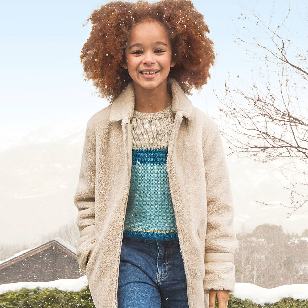 Mayoral - Girls Beige Teddy Fleece Coat | Childrensalon