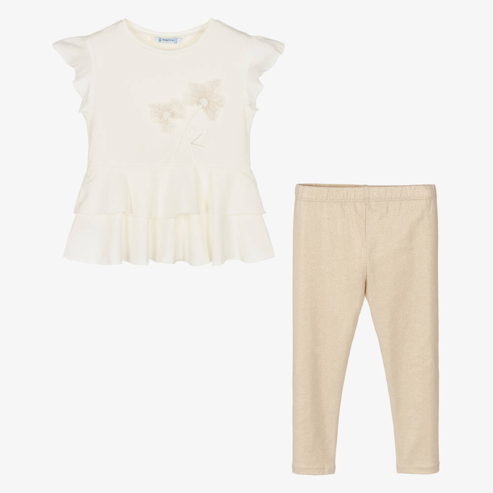 Mayoral - Girls Gold & Ivory Cotton Leggings Set | Childrensalon