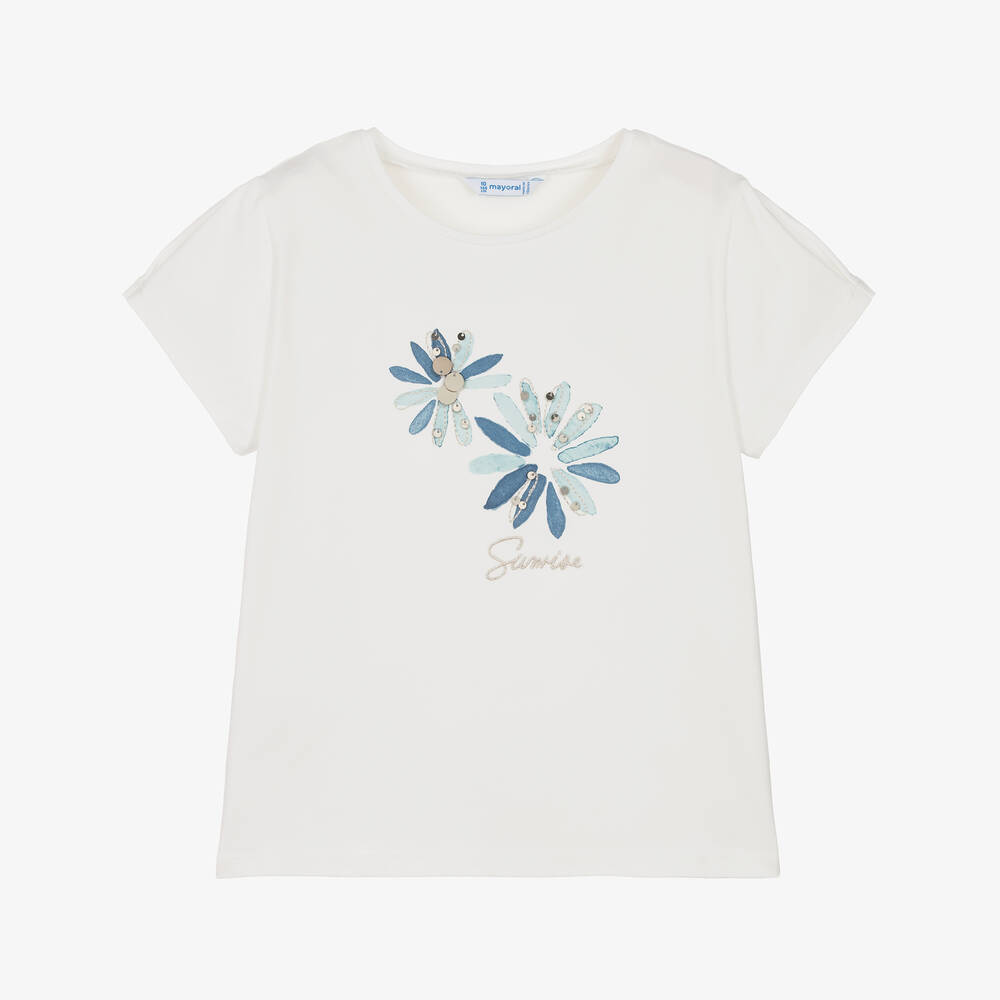 Mayoral - Girls Ivory Cotton Flower T-Shirt | Childrensalon