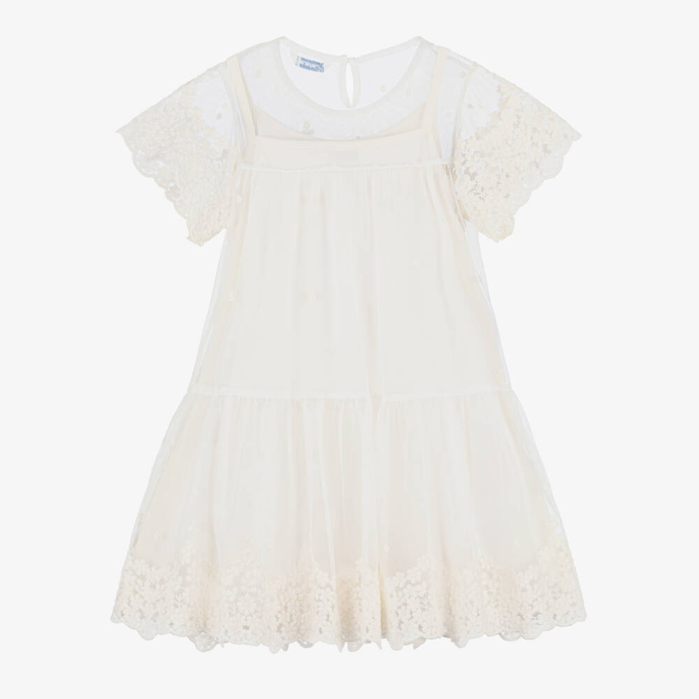 Mayoral - Girls Ivory Embroidered Tulle Dress | Childrensalon