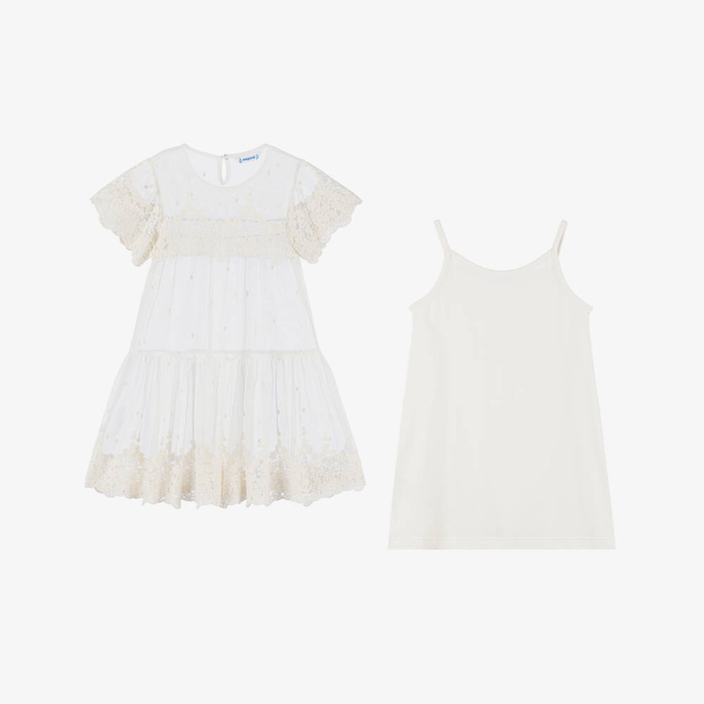 Mayoral - Girls Ivory Embroidered Tulle Dress | Childrensalon