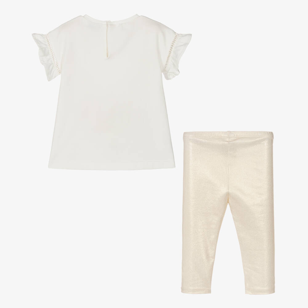 Mayoral - Girls Ivory & Gold Cotton Leggings Set | Childrensalon