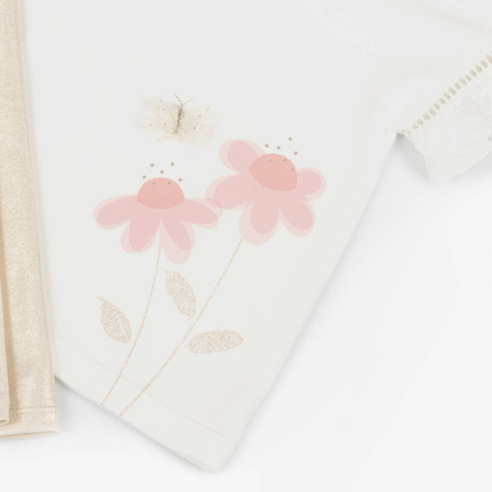 Mayoral - Girls Ivory & Gold Cotton Leggings Set | Childrensalon