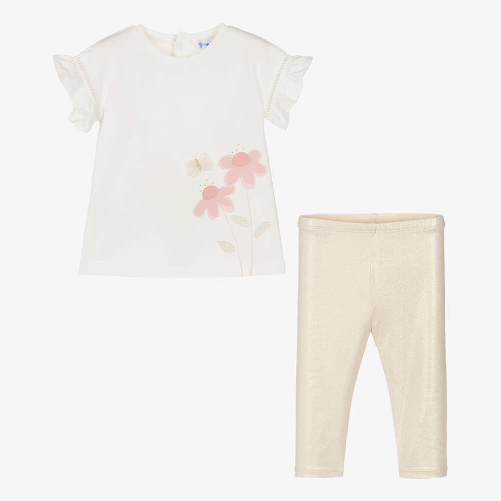 Mayoral - Girls Ivory & Gold Cotton Leggings Set | Childrensalon