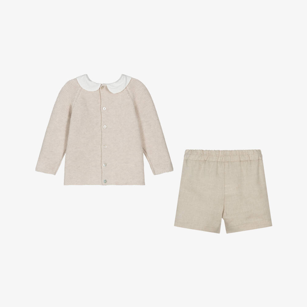 Mebi - Baby Boys Beige Cotton & Linen Shorts Set | Childrensalon