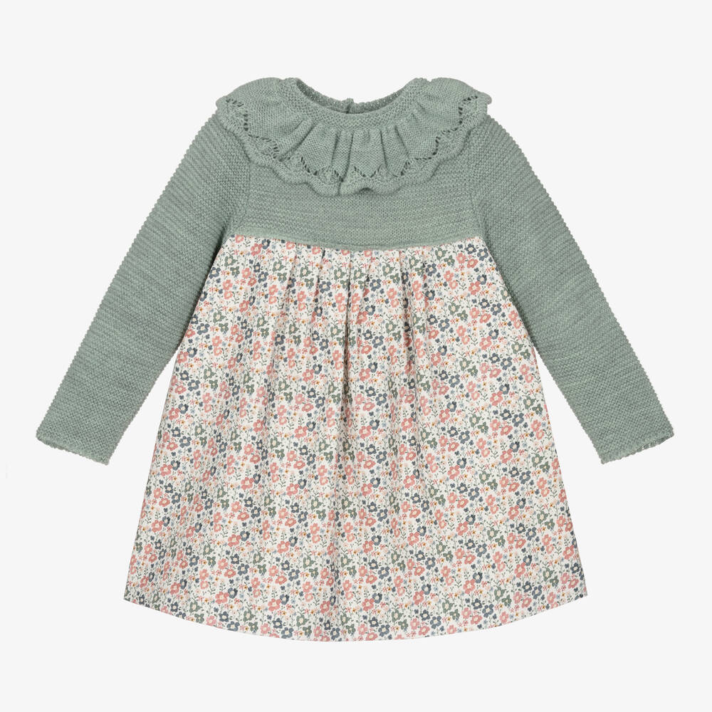 Mebi - Girls Green Floral Cotton Dress | Childrensalon