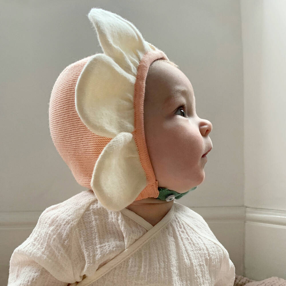 Meri Meri - Pink & Ivory Knitted Flower Bonnet | Childrensalon