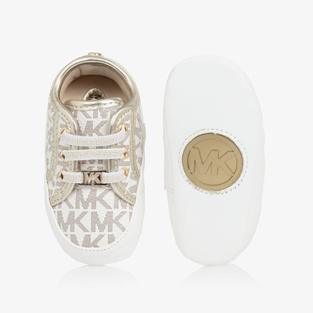 Michael Kors Kids - Baby Girls Ivory & Gold MK Logo Pre-Walker Shoes ...