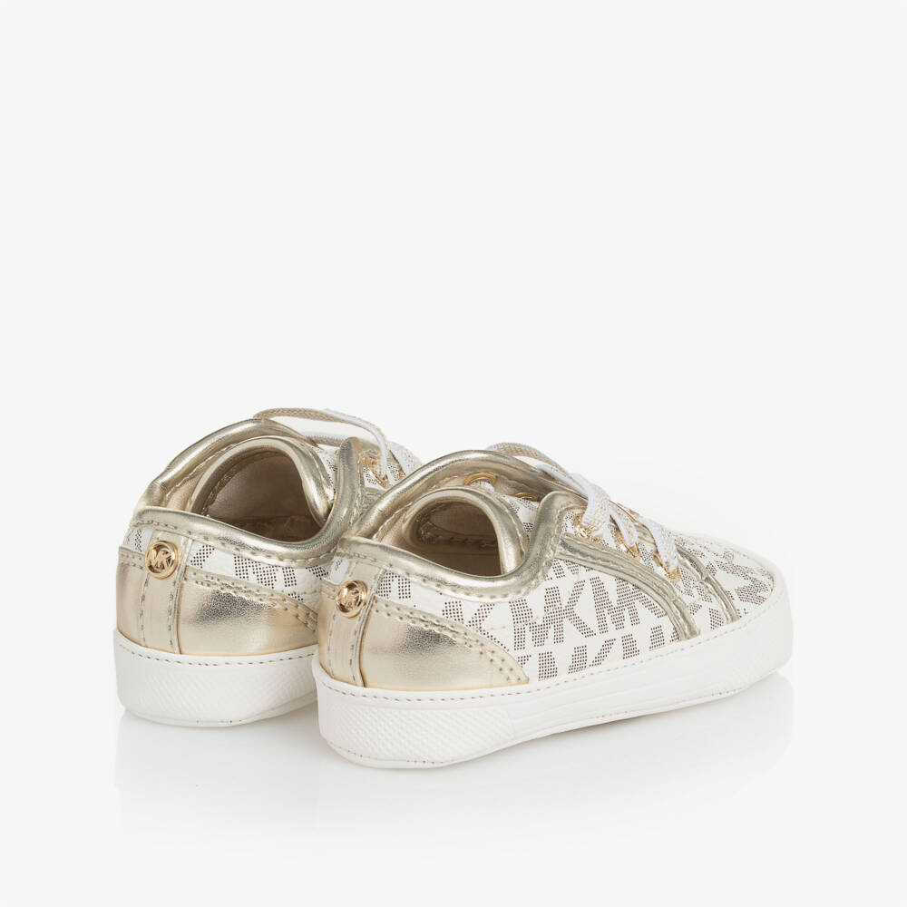 Michael Kors Kids - Baby Girls Ivory & Gold MK Logo Pre-Walker Shoes ...