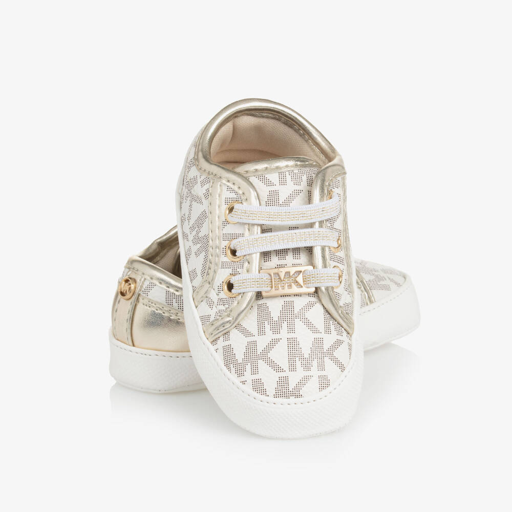 Michael Kors Kids - Baby Girls Ivory & Gold MK Logo Pre-Walker Shoes ...