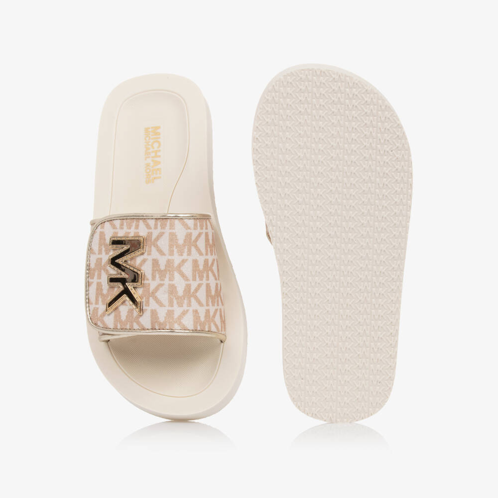 Michael Kors Kids - Girls Ivory & Gold Monogram Sliders | Childrensalon