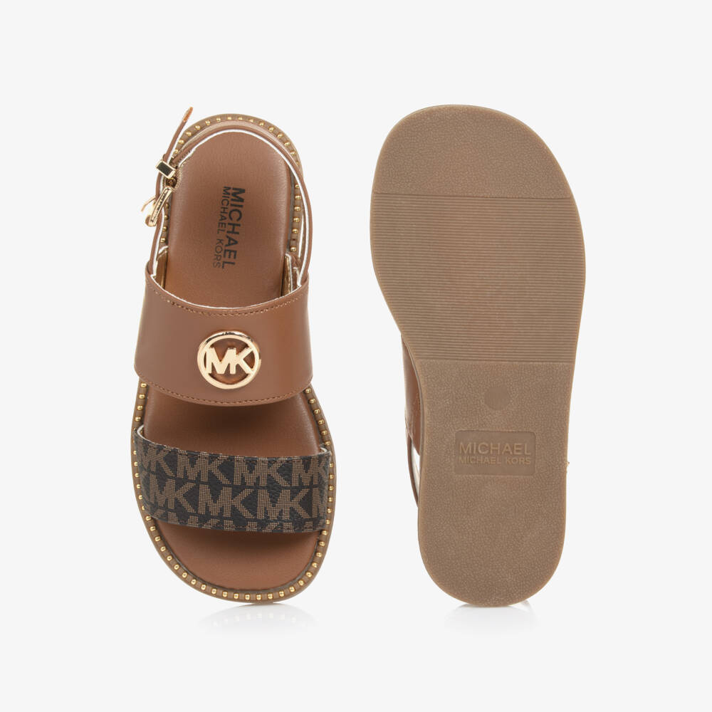 Michael Kors Kids - Girls Tan Brown MK Monogram Sandals | Childrensalon