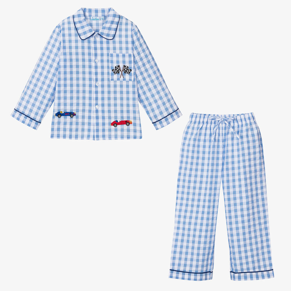 Mini Lunn - Boys Blue & White Cotton Car Pyjamas | Childrensalon