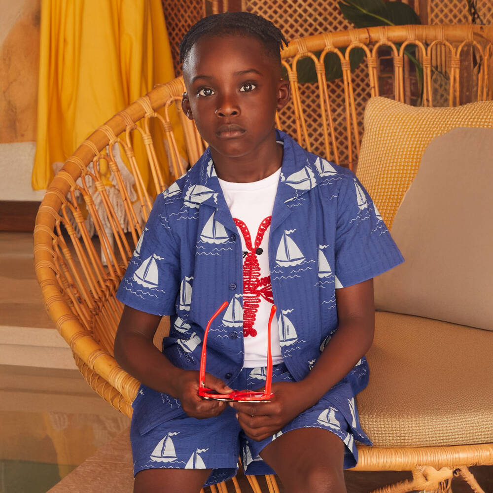 Mini Rodini - Blue Cotton Seersucker Boat Shorts | Childrensalon