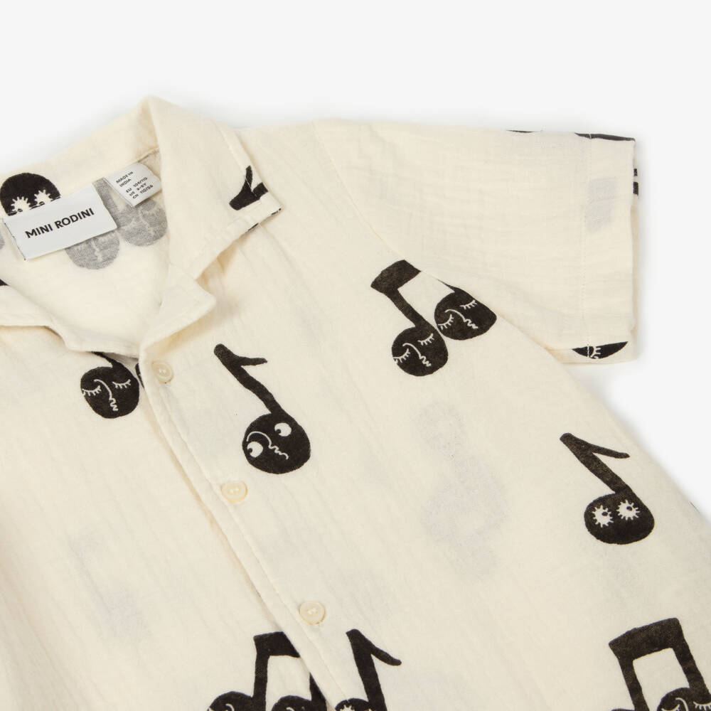 Mini Rodini - Boys Ivory Cotton Muslin Musical Notes Shirt | Childrensalon