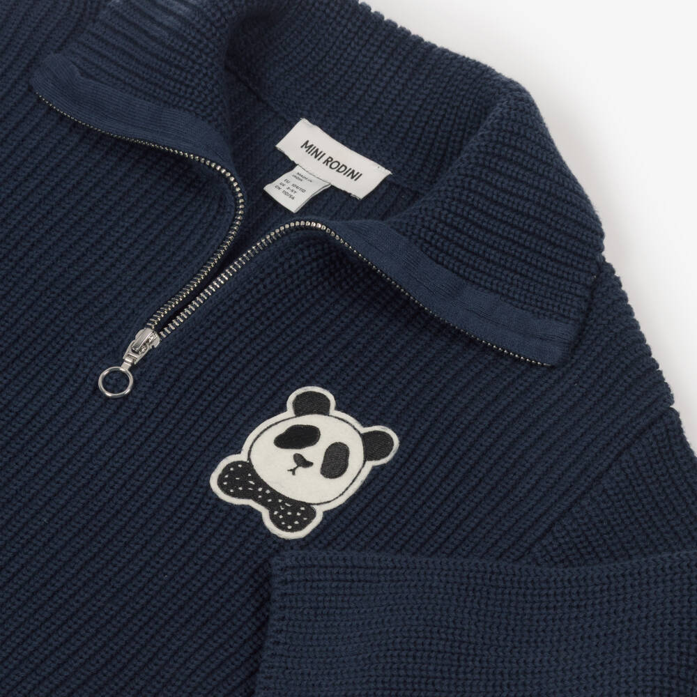 Mini Rodini - Boys Navy Blue Knit Quarter-Zip Sweater with Panda Badge ...