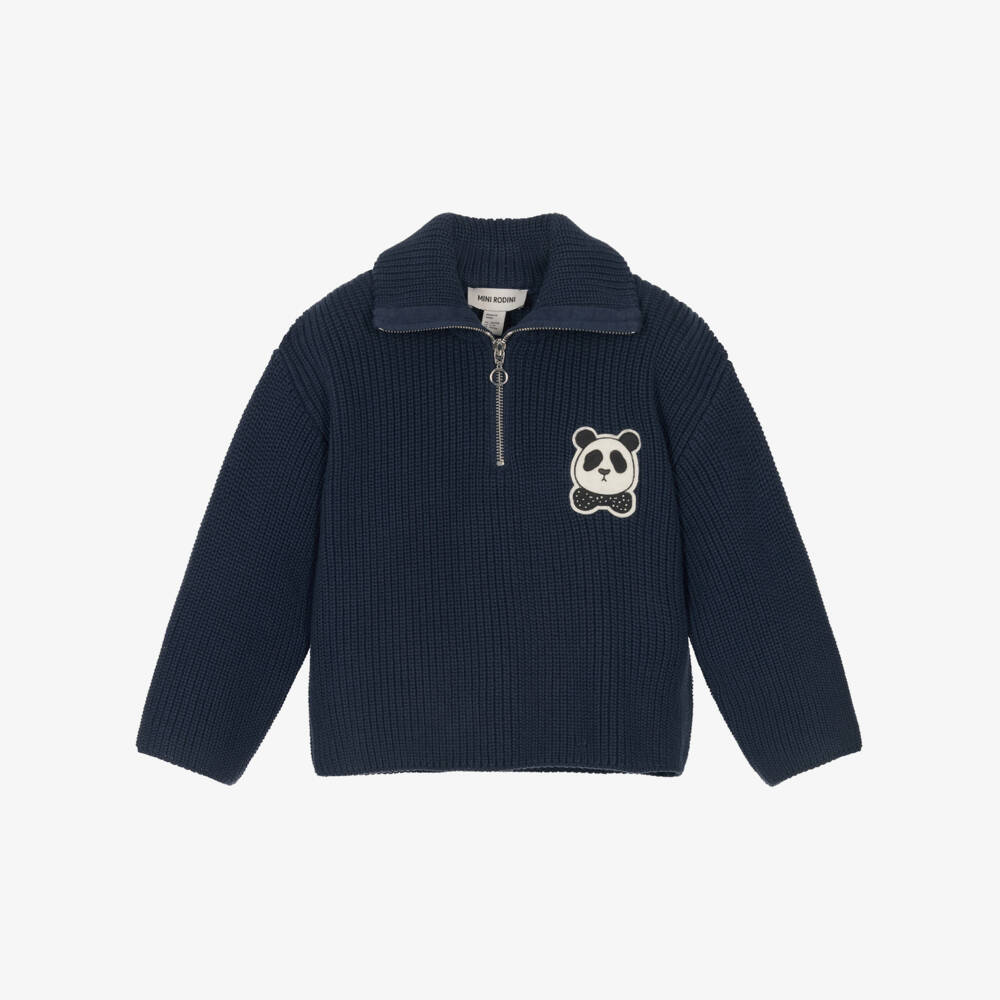 Mini Rodini - Boys Navy Blue Knit Quarter-Zip Sweater with Panda Badge ...
