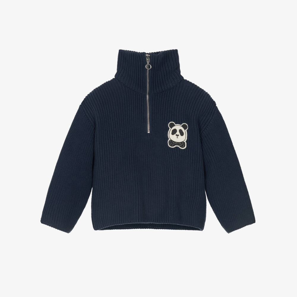 Mini Rodini - Boys Navy Blue Knit Quarter-Zip Sweater with Panda Badge ...