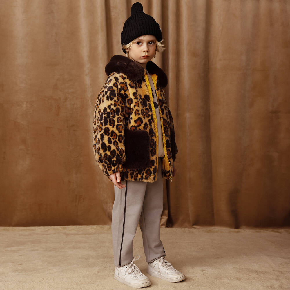 Mini Rodini - Brown Leopard Print Faux Fur Jacket | Childrensalon