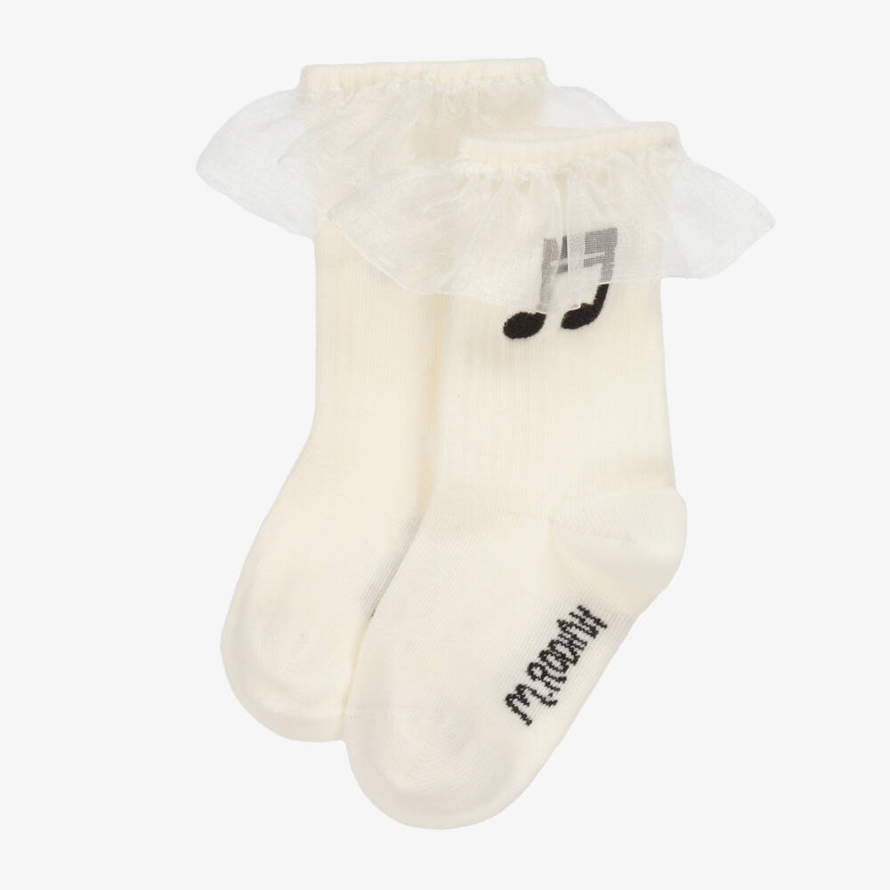Mini Rodini - Girls Ivory Musical Note Frill Socks | Childrensalon