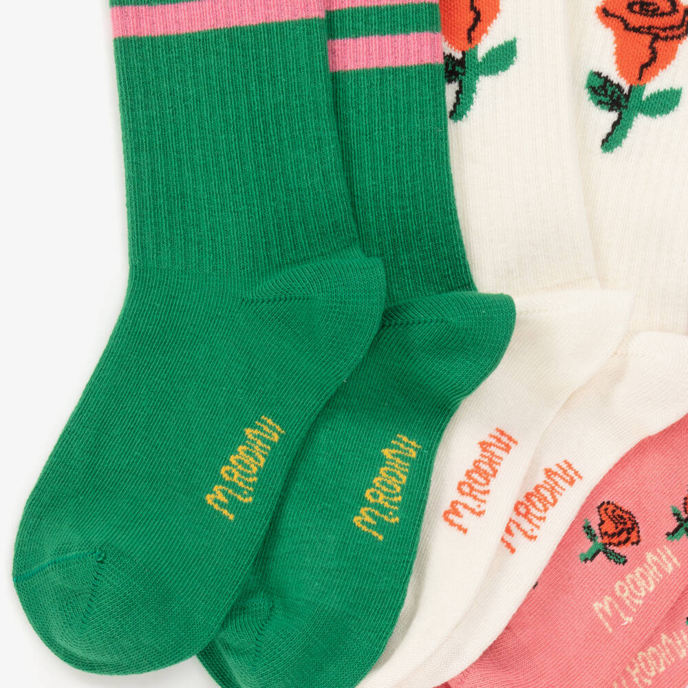 Mini Rodini - Girls Pink Roses Organic Cotton Socks (3 Pack ...