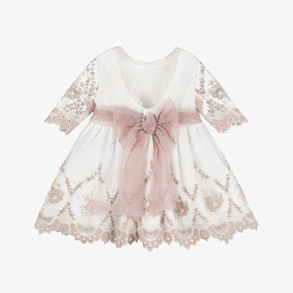 Miranda - Girls Ivory & Pink Embroidered Tulle Dress | Childrensalon