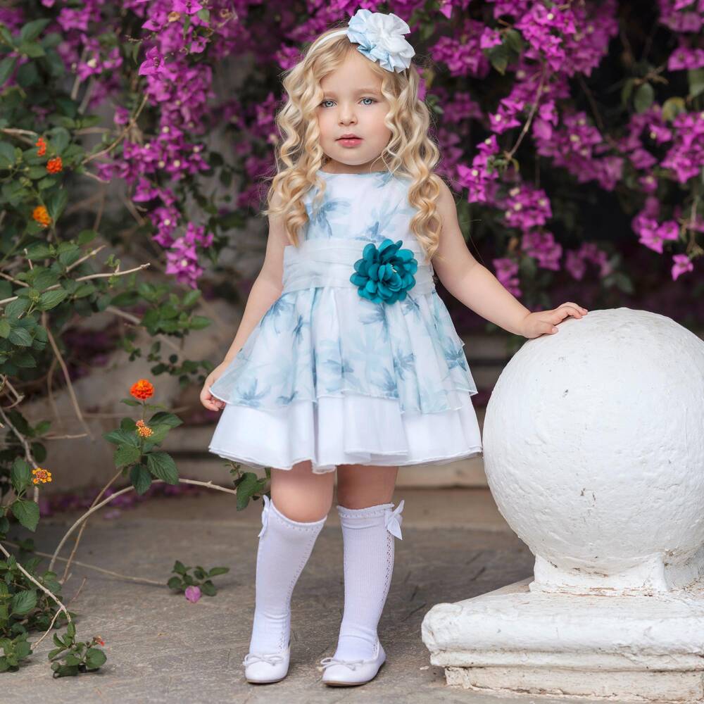 Miranda - Girls Ivory & Teal Blue Floral Dress | Childrensalon