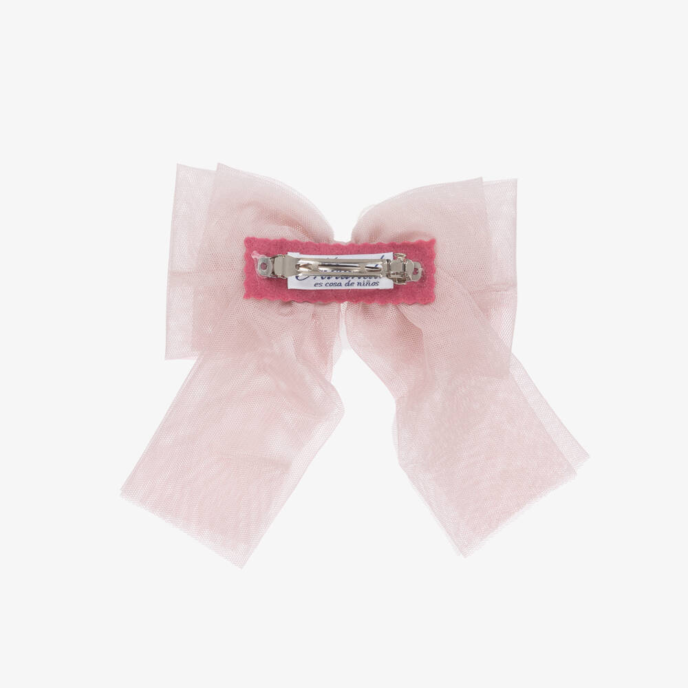 Miranda - Girls Pink Tulle Bow & Lace Hair Clip (16cm) | Childrensalon